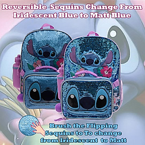 Disney Lilo & Stitch Girls 4 Piece Backpack Set, Blue Flip Sequin School Travel Bag with Front Zip Pocket, Mesh Side Pockets, Lunch Box, Water Bottle, and Squish Ball Dangle