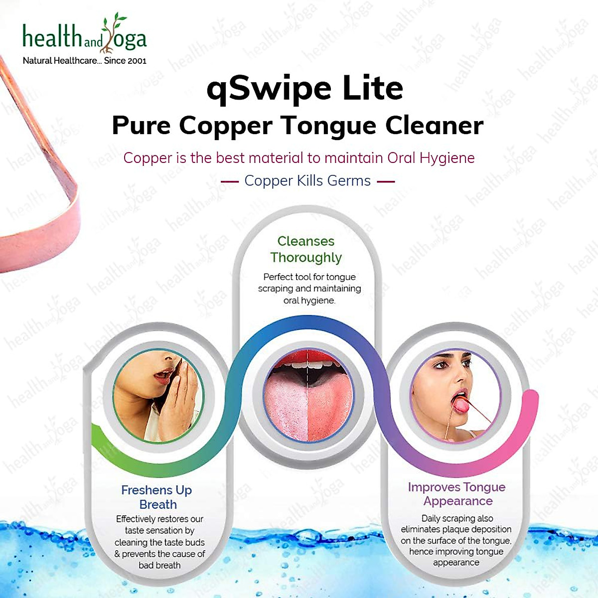 HealthAndYoga™ qSwipe Lite Copper Tongue Cleaners (Pack of 3) – Prevents Bad breath, Improves taste- Flexible, Curved ends provide good grip – Complete Oral Care/Hygiene for Travel/Office/Home
