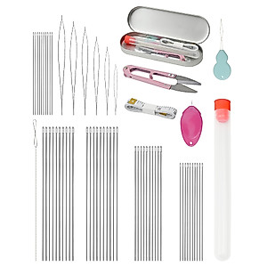 FIVEIZERO 60 Pieces Beading Needle Set, 5 Sizes Species Big Eye Beading Needles (with Threader) Needle Bottle, Yarn, Embroidery Needle, Thimble Foldable Beading Needle Set for Jewelry Making