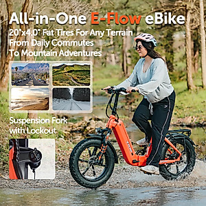 Young Electric Bike E-Flow 750W Peak 1000W Folding Ebike, Up to 90Mi 28MPH, 48V/20Ah Hidden Battery, 20''x4.0'' Fat Tire Step-Through Fast Cargo EBike for Adult, Commute Moutain E-Bike (Radio Orange)