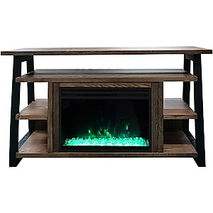 Cambridge Sawyer 53 Inch Freestanding Fireplace Mantel TV Stand with Storage Shelves and 1500 Watt Electric Heater Insert with Crystal Display, Multicolor Flames, Remote Control in Walnut/Black
