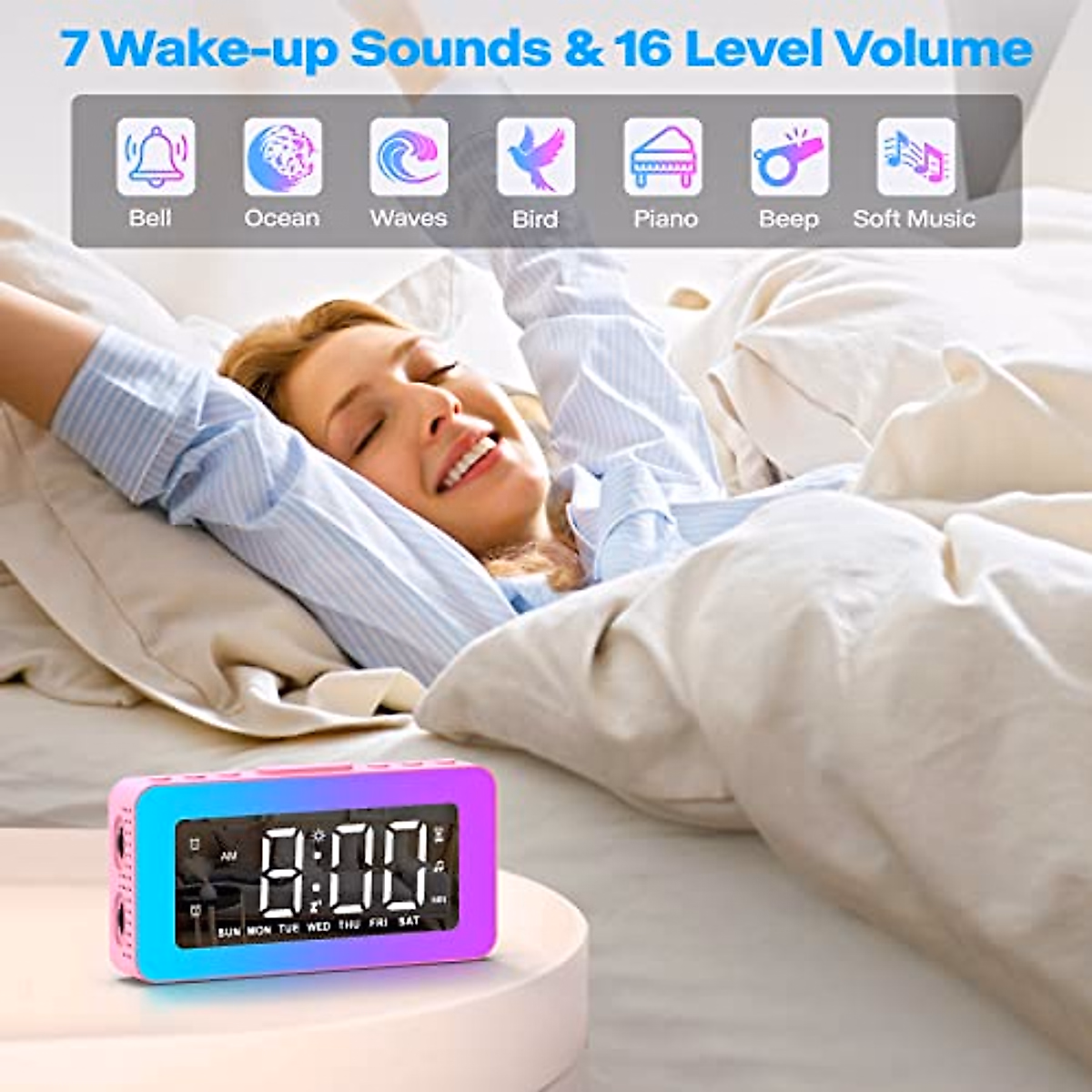 Super Loud Alarm Clock for Heavy Sleepers Adults, Teenagers, Teens, Kids, Digital Alarm Clock with 8 RGB Night Lights, 0%-100% Dimmable, Sleep Aid, Dual Alarms, Snooze, USB Charger, Ideal for Gift
