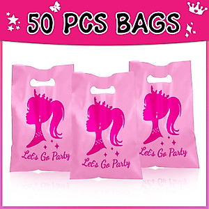 Lcnjscgo 50 PCS Hot Pink Princess Party Gift Bags Princess Bachelorette Party Favors Bags for Kids Pink Girls Princess Birthday Party Supplies Decorations Pink Plastic Bags Snack Goodie Bags
