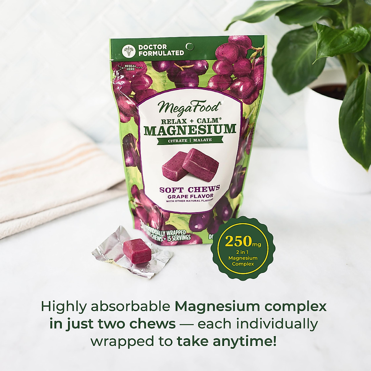 MegaFood Relax + Calm Magnesium Supplement - Soft Chews with Magnesium Citrate & Magnesium Malate for Heart Health, Muscle Tension & More - Vegetarian - Grape-Flavor - 30 Chews per Pack (Pack of 1)