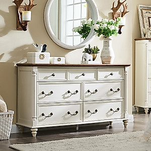T4TREAM Farmhouse 7 Drawers Dresser Chests for Bedroom w/ 4 Solid Wood Feet & Column Decor, Tall Wide Wood Country Rustic Chest of Drawers, Storage Dressers for Bedroom, Living Room, Antique White