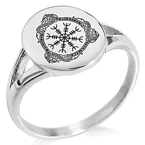 Stainless Steel Aegishjalmur Awe & Terror Helm Viking Rune Symbol Minimalist Oval Top Polished Statement Ring, Size 6