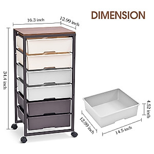 TOOLF Rolling Storage Cart with 6 Drawers, Wooden Tabletop, Easy Movement, Large Capacity, Durable Construction & Colorful Style in Black Bar