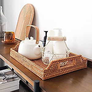 Rattan Tray, Rectangular Woven Tray, Decorative Serving Tray with Rattan Coasters and Wooden Bead Garland, for Drinks, Fruit, Bread Serving (13.3 Inch)
