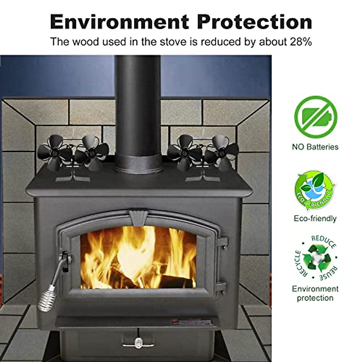 PETCHOR 8 Blades Wood Stove Fan, Heat Powered Fan, Stove Top Fan for Wood Stove, Magnetic Fireplace Fans Non Electric with Thermometer for Wood/Log Burner/Fireplace