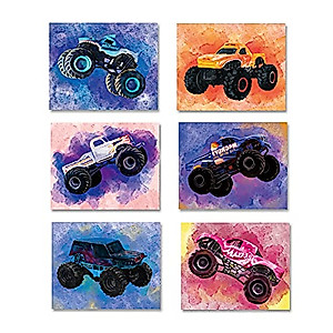 XUOIAYNB Boys Monster Truck Art Print- Watercolor Cool Vehicle Car Canvas Wall Art-(8”X10”X6 pieces, Unframed)-Perfect for Kids Bedroom Playroom Decoration