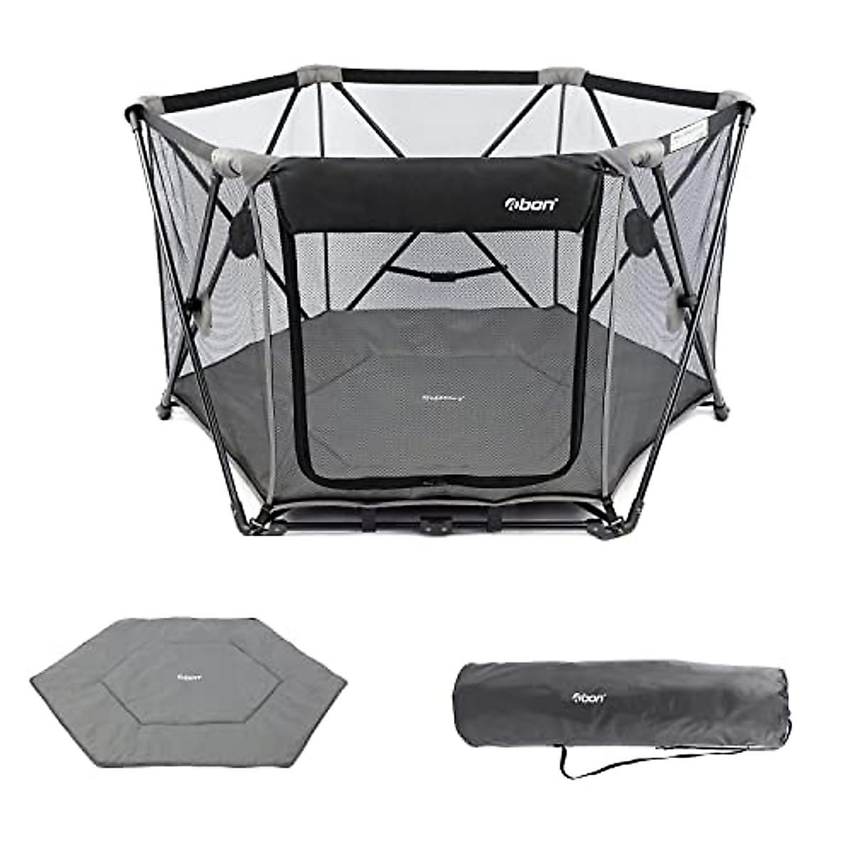 Abon Babies 6 Panel Play Pen Playard for Infants Portable Indoor and Out Door Washable Easy Assemble Play Activity Area with Mat and Carrying Bag for 1-6 Age 53" Wx 30" H(Grey