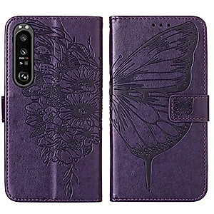 Butterfly Leather Case for Sony Xperia 1 III with Credit Card Holder Slots Kickstand Flip Folio Leather Magnetic Wallet Case with Wirst Strap Case for Sony Xperia 1 III