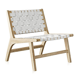 BELLEZE Woven Faux Leather Accent Chair Set of 2, Boho Mid Century Modern Lounge Chair with Solid Wood Frame, 300Lbs, Armless Side Reading Chair for Living Room, Bedroom, Patio - Morgan (White)