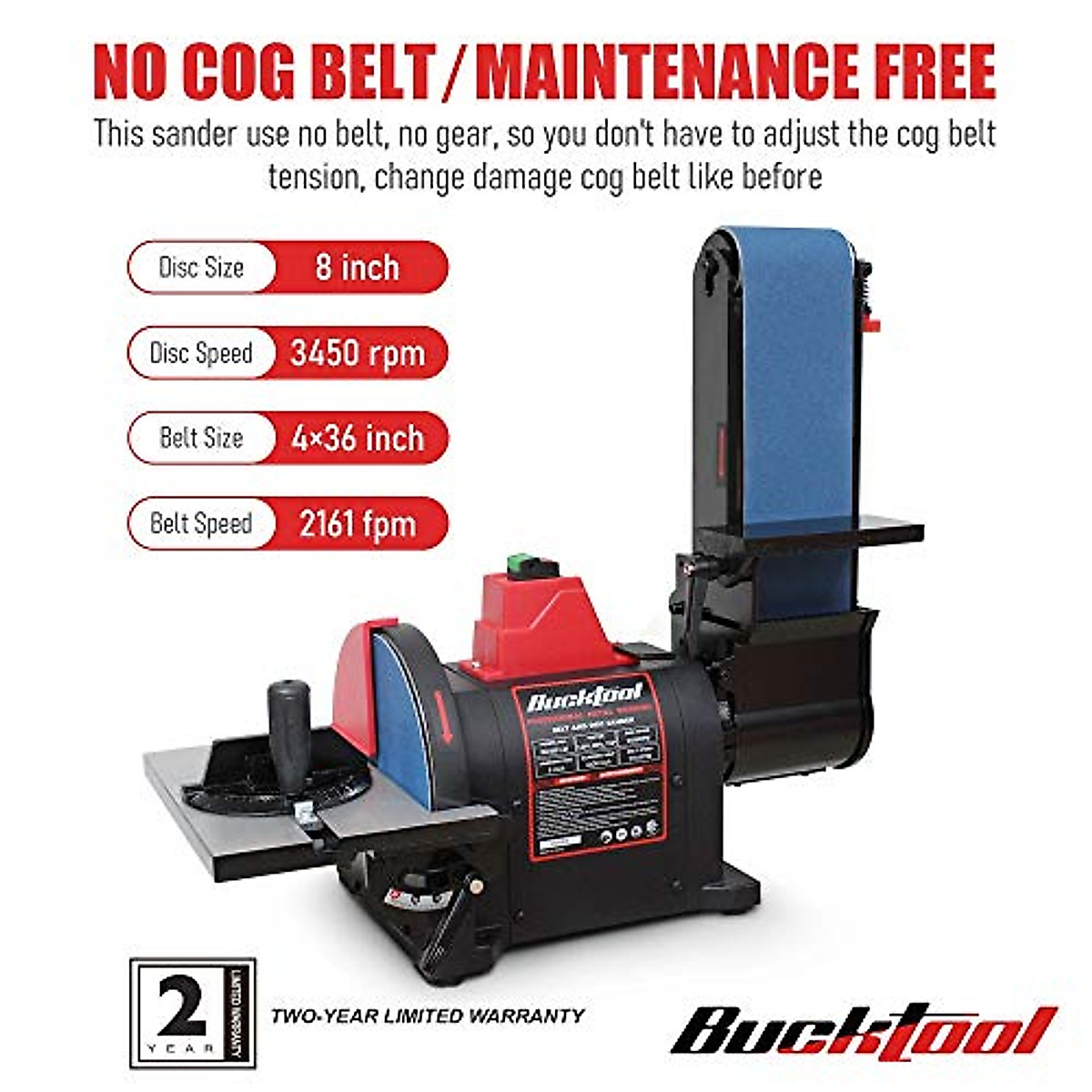 BUCKTOOL Professional Bench Belt Sander for Metal 4 in. x 36 in. Belt and 8 in. Disc Sander with 1HP Direct-drive Motor, BD4802
