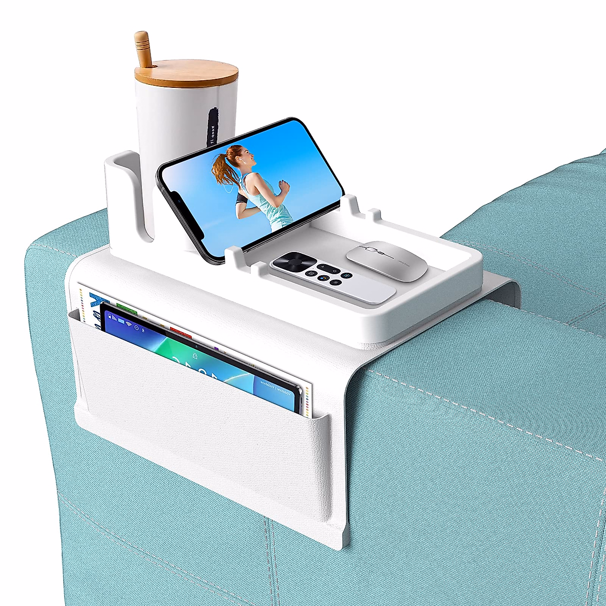 Cup Holder for Couch, Sofa Armrest Tray, Portable Couch Drink Holder arm Table, Anti-Spill and Anti-Slip Couch Arm Table with Cup Holder for Drinks, Remote Control, Gifts for Family, Friend White