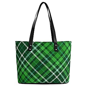 Womens Handbag Plaid Pattern Green Leather Tote Bag Top Handle Satchel Bags For Lady