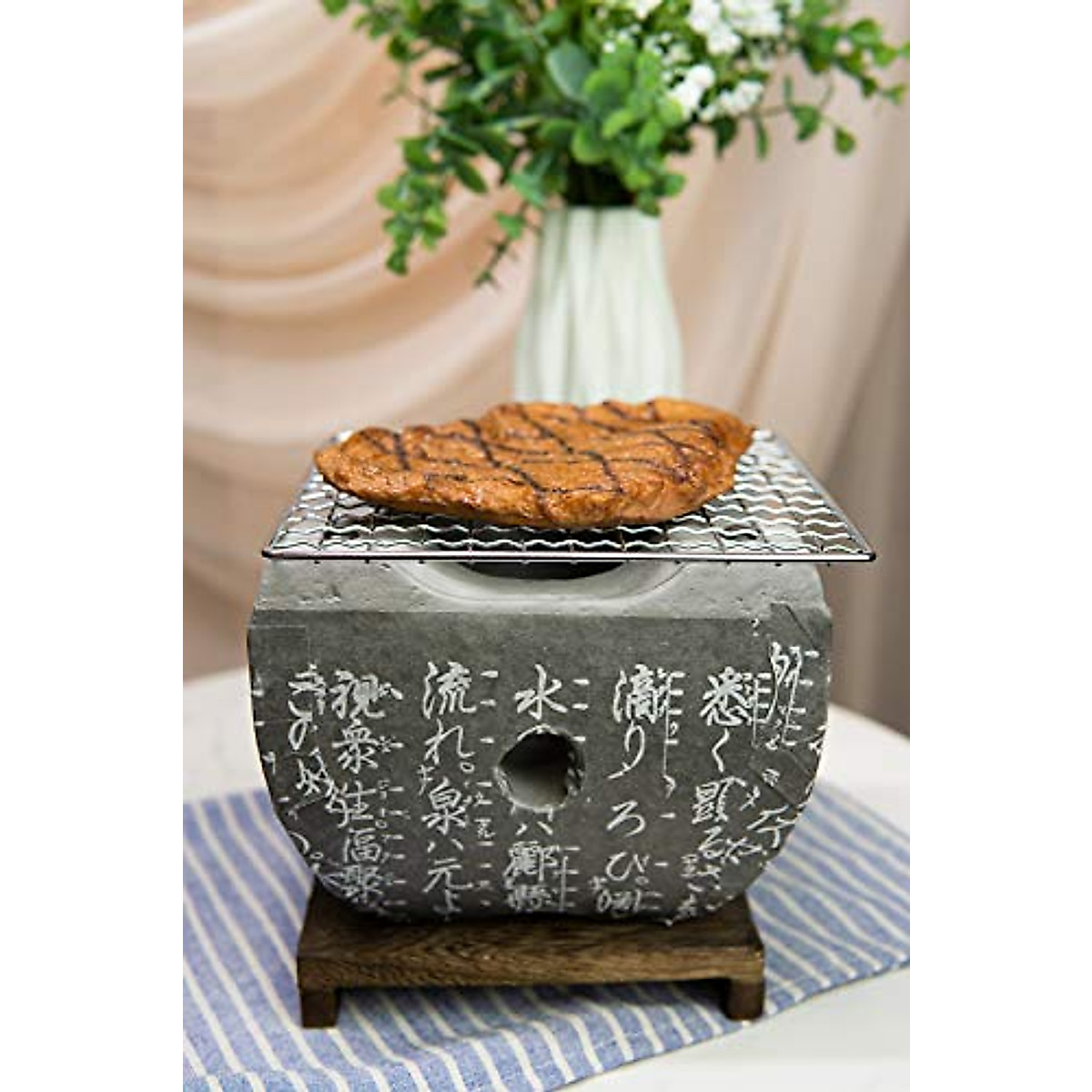 Ebros Gift Japanese Cuisine Tabletop Shichirin Konro Compact Movable Charcoal Grill BBQ Cooking Stove With Stainless Steel Wire Mesh Grill And Wooden Base For Yakitori Hibachi Yakiniku (Gray Black)