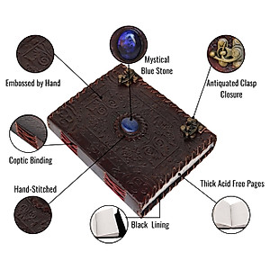 8" Leather Journal with string closure & stone Writing Pad Blank Notebook Handmade Notepad For Men & Women Unlined Paper Art Sketchbook Travel Diary To Write Book Of Shadows Refillable Grimoire Large
