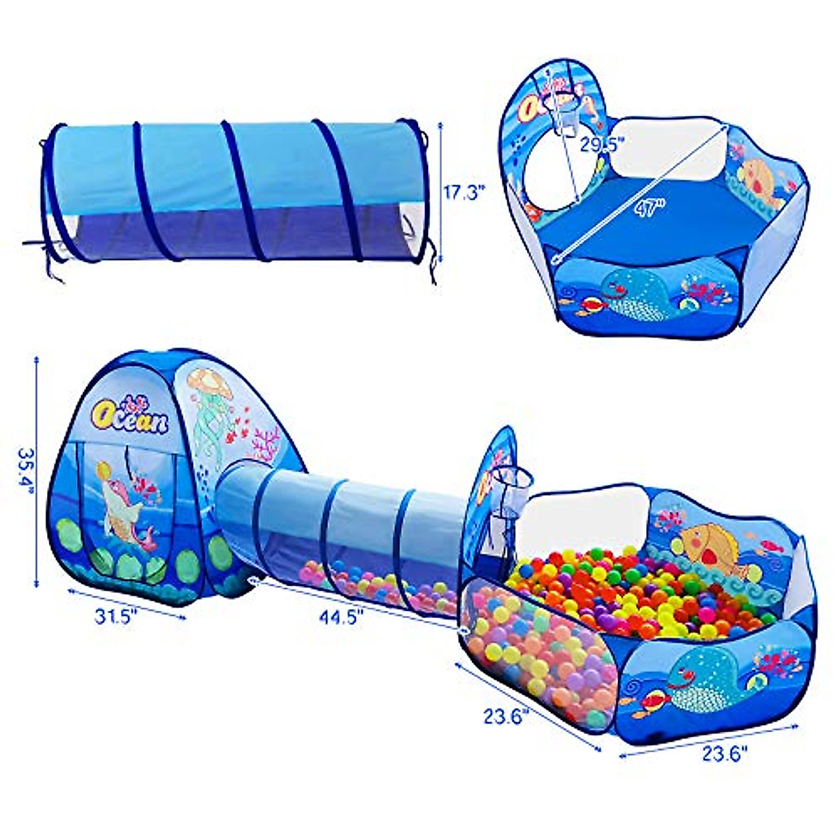 PigPigPen 3 in 1 Kids Play Tent with Play Tunnel, Ball Pit, Basketball Hoop for Boys & Girls, Toddler Pop Up Playhouse Toy for Baby Indoor/Outdoor, Gift for Year Old Child (3 in 1 Kids Play Tent)