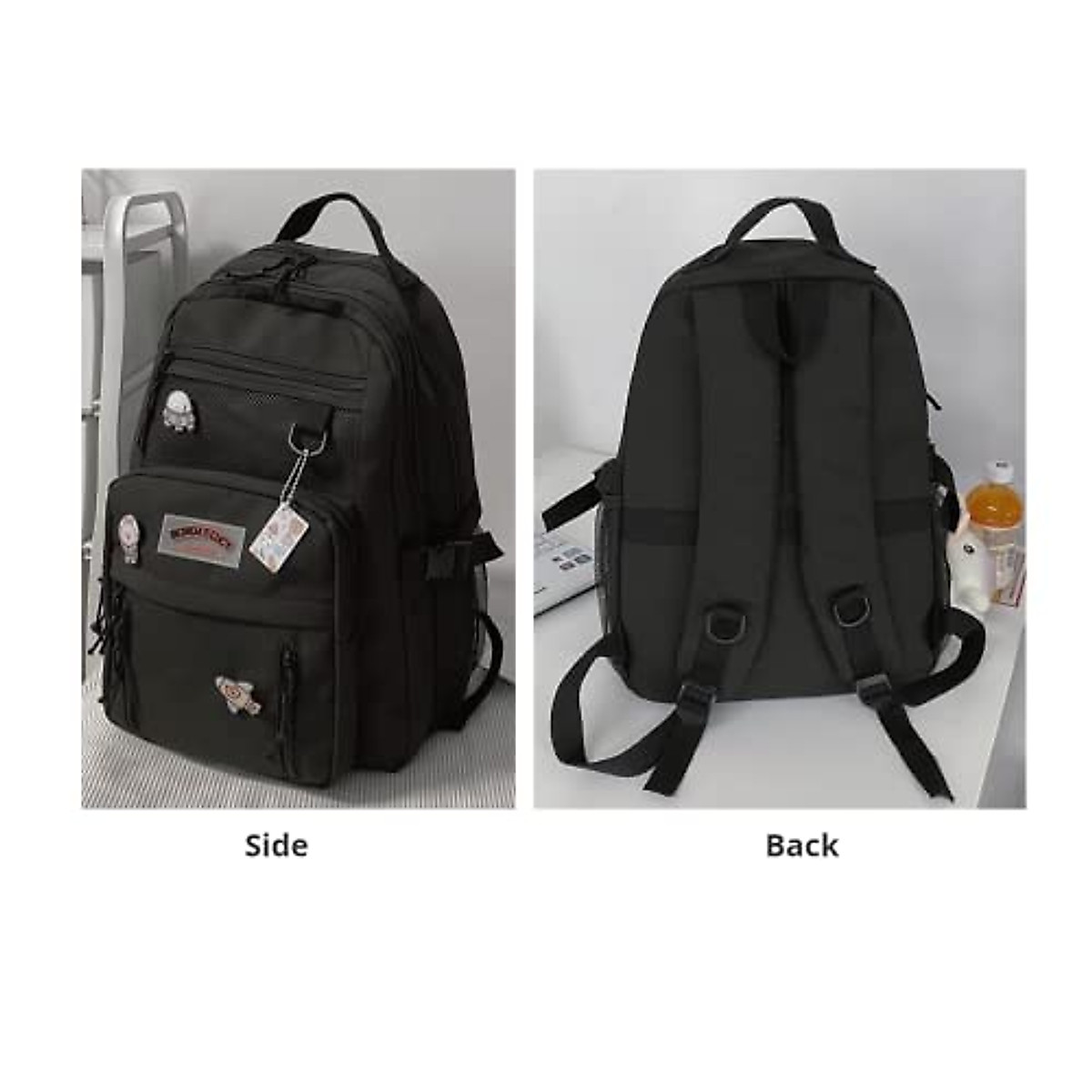 HIQUAY High School Backpack for Teens Large Capacity Backpack with Mesh Pocket and Cute Pendant for College Students - Grey