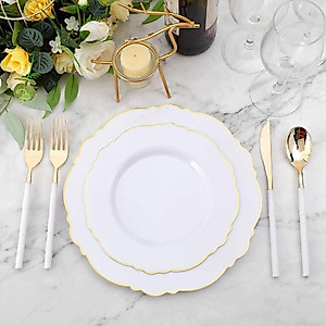 WDF 60pcs White and Gold Plastic Plates - Baroque White With Gold of 30 Heavy Duty Gold dinner plates 10.25inch, 30 Salad Plates 7.5inch