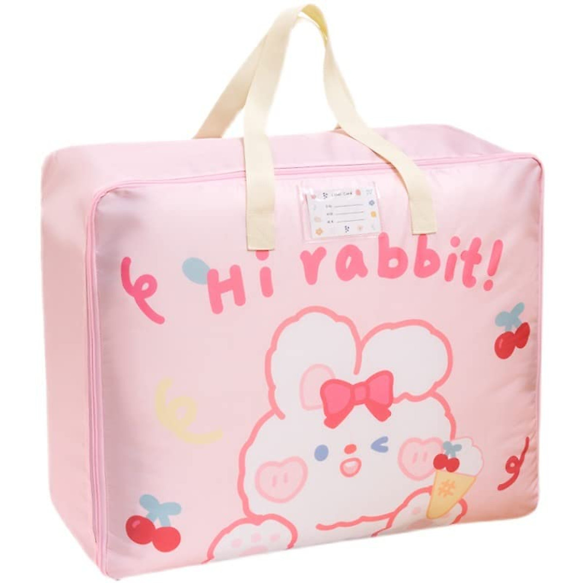Kawaii Water Resistant Thick Over Size Storage Bag, Cute Aesthetic Cartoon Print Folding Organizer Bag, Under Bed Storage Carrying Bag with Reinforced Handle for Bedding Comforters (Pink,Large)