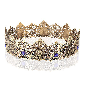 King Men Tiara Crown Imperial Medieval Headband Crystal Pageant Costumes For Birthday Party Prom Halloween Hair Accessories (Dark Gold With Blue Stone)