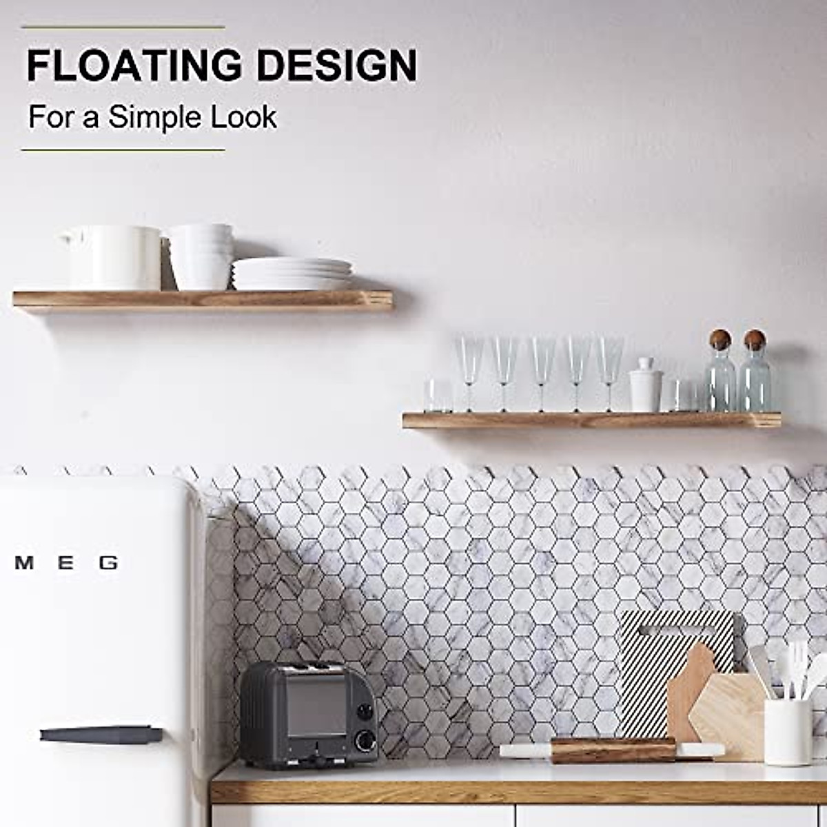 Floating Shelves, 24 Inch Wall Shelf Set of 2, Rustic Wood Shelves for Wall Storage, Wall Mounted Wooden Display Shelf for Bathroom Bedroom Kitchen Garage, Carbonized Black