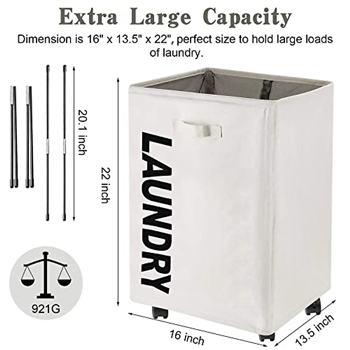 ARyee 22" Pro Rolling Laundry Basket, Large Laundry Hamper with Wheels, Foldable Dirty Clothes Hamper Mesh Cover Laundry Storage Cart with Handle, for Bedroom Bathroom Dorm Room (white)