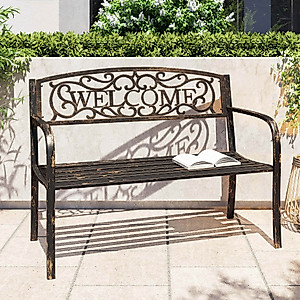 BELLEZE Outdoor Garden Bench, 50 inch Cast Iron Metal Loveseat Chairs with Armrests for Park, Yard, Porch, Lawn, Balcony, Backyard, Antique Patio Seat Furniture Welcome Design, Brown