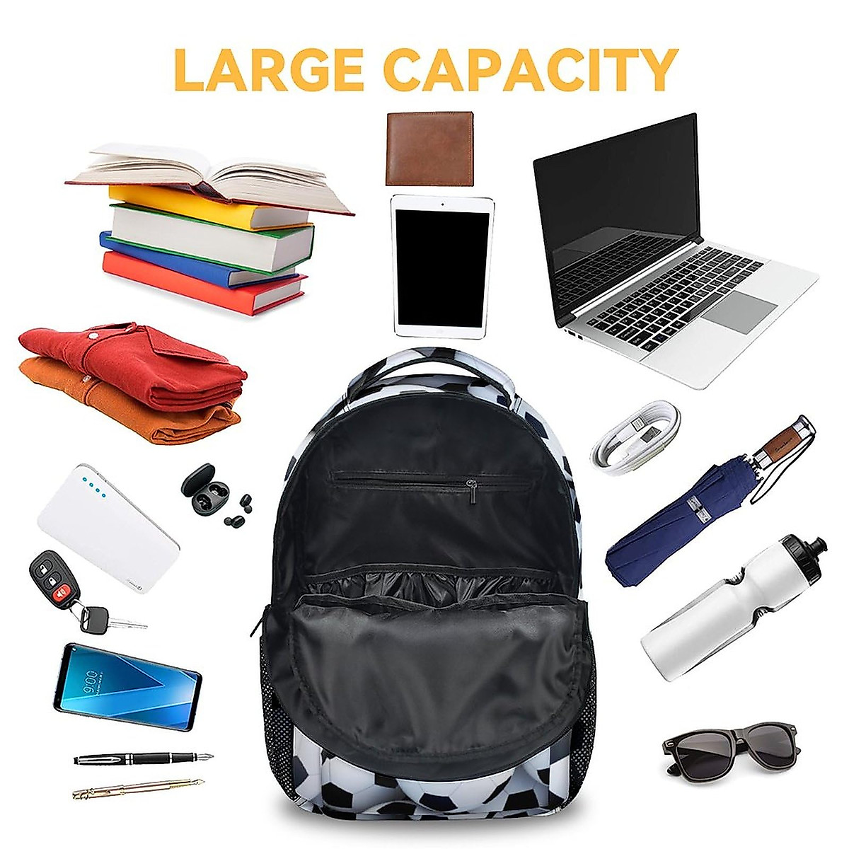 NICEFORNICE Soccer Backpacks Kids, 16 Inch Cute Backpack for School, White Lightweight Bookbag for Boys