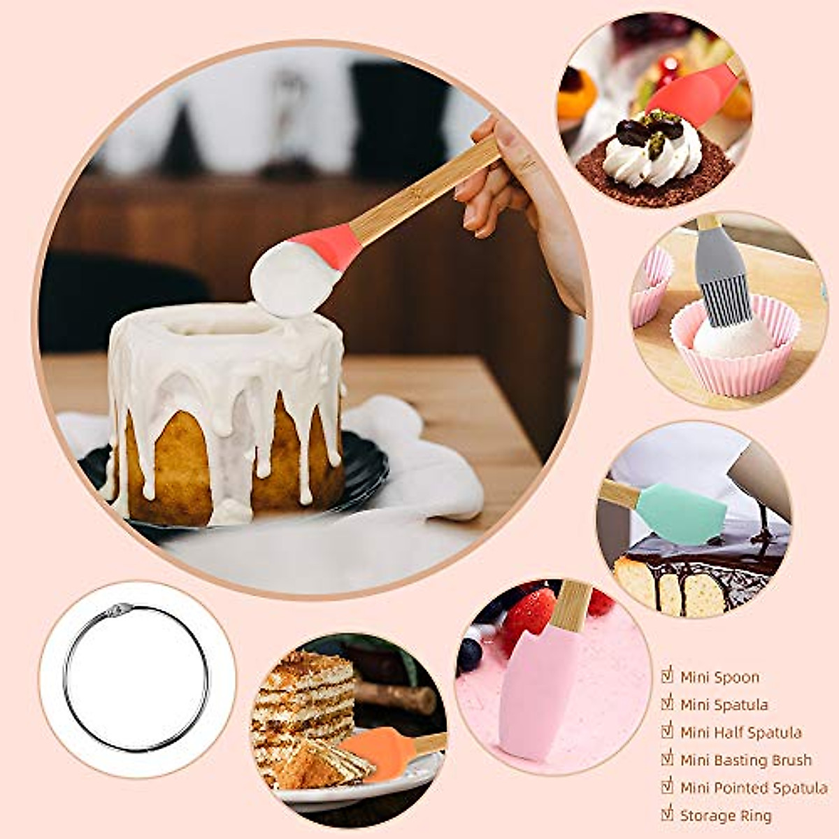 5 Piece Silicone Spatula,Mini Rubber Spatula Wooden Handle,Heat Resistant Silicone Spatula Set,Kitchen Utensils Non-Stick For Baking,Cooking And Mixing