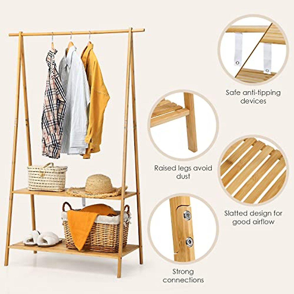 Tangkula Bamboo Garment Rack, Freestanding Clothes Rack with 2-Tier Storage Shelves, Easy Assemble, Space-Saving Clothing Rack for Entryway, Bedroom (Natural)