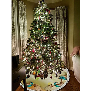 Hapuxt Christmas Tree Skirt 30 Inch Xmas Plush Skirts Decoration Fashion Luxury Flower and Bird Deco Merry Christmas Family Party Holiday Indoor Outdoor Home Decor White Tassel Lace