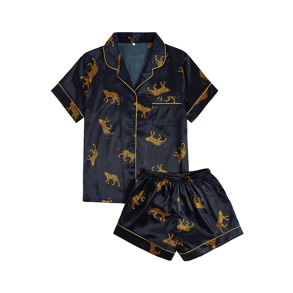 SweatyRocks Women's Short Sleeve Sleepwear Button Down Satin 2 Piece Pajama Set Black Leopard S