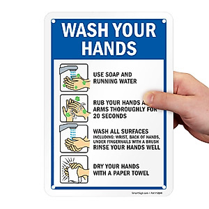 SmartSign 10 x 7 inch “Wash Your Hands” Metal Sign with Instructions, Screen Printed, 40 mil Laminated Rustproof Aluminum, Multicolor, Made in USA