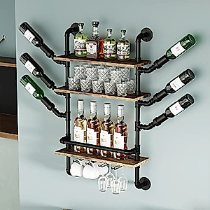 MAIKAILUN Wine Rack Wall Mounted with 4 Stem Glass Holder, Industrial Bar Shelves 34in Metal Hanging Stemware Mugs Rack, Floating Pipe Shelf, Living Room Kitchen Decor Display Wood Rack Black