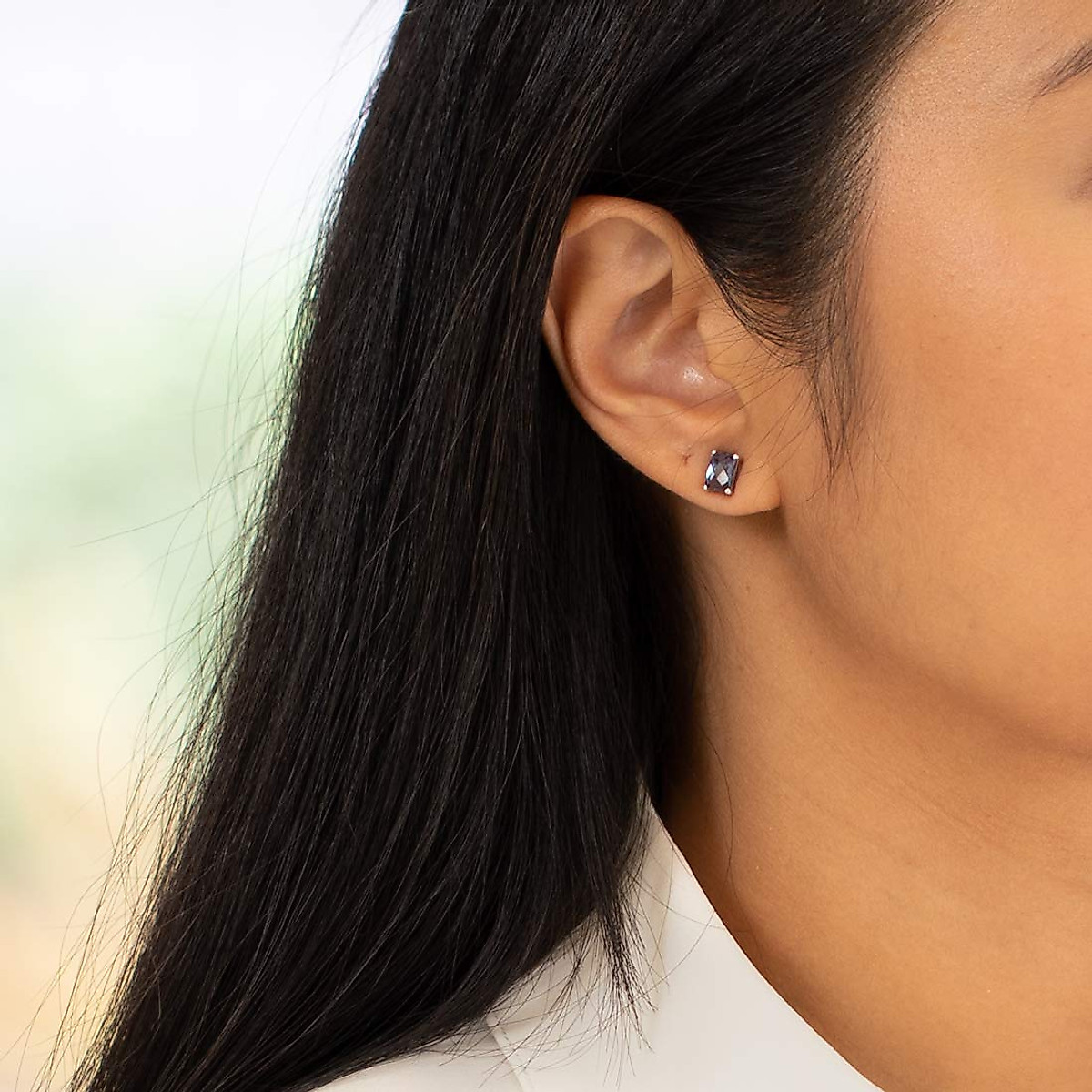 Peora 14K White Gold Created Alexandrite Earrings for Women, Color-Changing Solitaire Studs, 2.50 Carats Radiant Cut, Friction Back