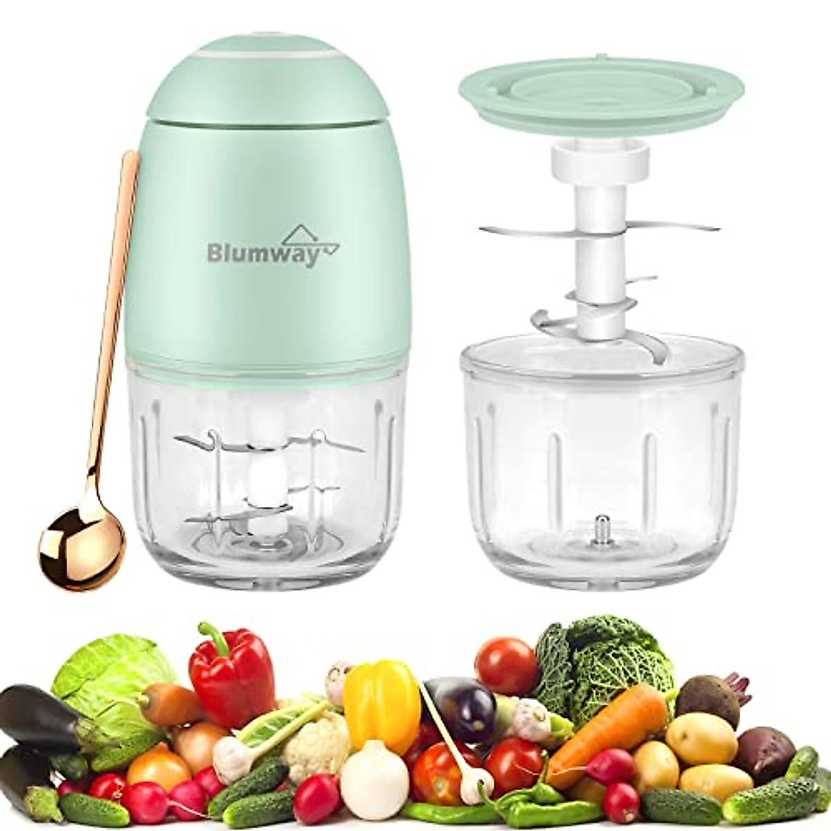 300ML Electric Mini Food Processor, 60W Cordless Food Press Garlic Chopper, Mini Blender For Garlic,Vegetable,Fruit,Onions,Chili,Meat,Salad,Baby Food, Glass Container (Green)