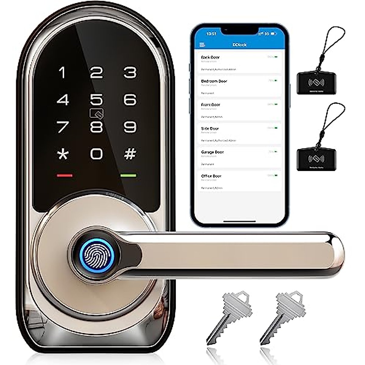 Veise Smart Lock, Keyless Entry Door Lock with Handle, Fingerprint Door Lock, 7-in-1 Smart Locks for Front Door, Electronic Digital Lock with Keypad, APP Control, Front Door Lock Set, Satin Nickel