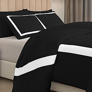 High Kotton 5 Piece Luxury Full Black and White Border Line Pattern Duvet Cover Zipper Closer & Corner Ties 1000 TC, 100% Egyptian Cotton - (Super King-Size)