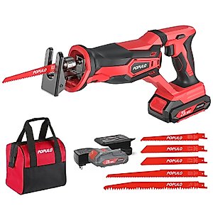 POPULO Cordless Reciprocating Saw, 20V MAX Battery Power Saw, Electric Reciprocating Saws for Wood, Trees, Metal, or PVC Pipe Cutting, Cordless Saw with 2.0Ah Battery, and Fast Charger