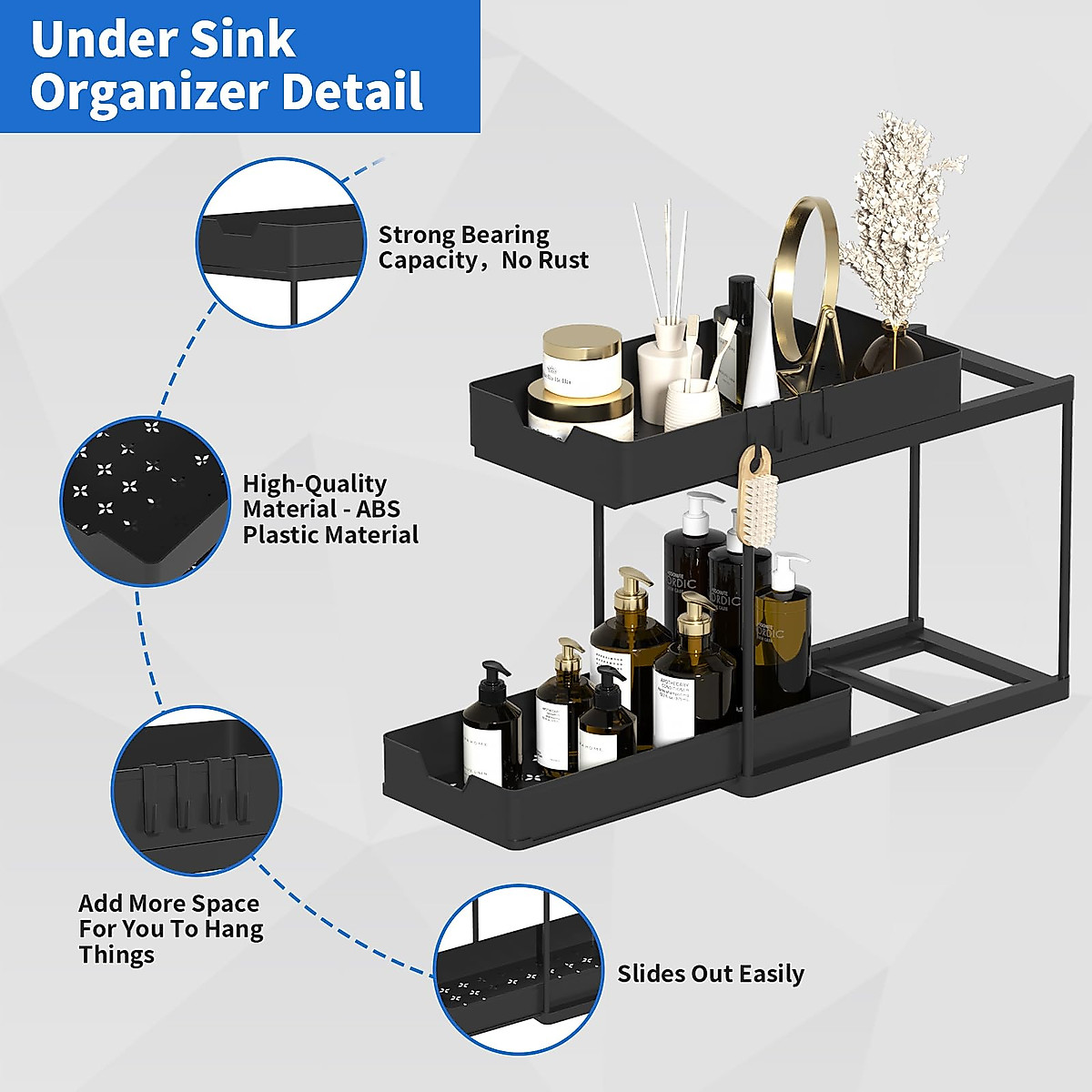 Kitchen Organizers and Storage 2 Pack Adjustable Height Under Sink Organizers and Storage with Removable Basket 2 Tier Bathroom Cabinet Organizer Pull Out Laundry Room Organization for Pantry