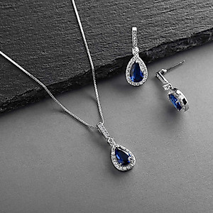 Mariell Bridal Wedding Necklace and Earring Set, Sapphire Blue CZ Pendant and Drop Earrings for Brides