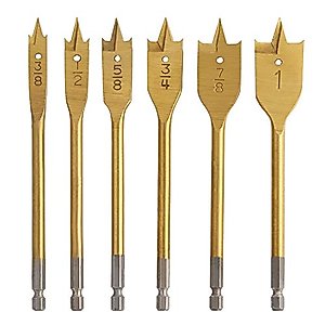 COMOWARE Spade Drill Bit Set- Paddle Flat Bits, Hole Cutter, Titanium Coating, Carbon Steel, Woodworking, 6-Pieces, 3/8"-1"