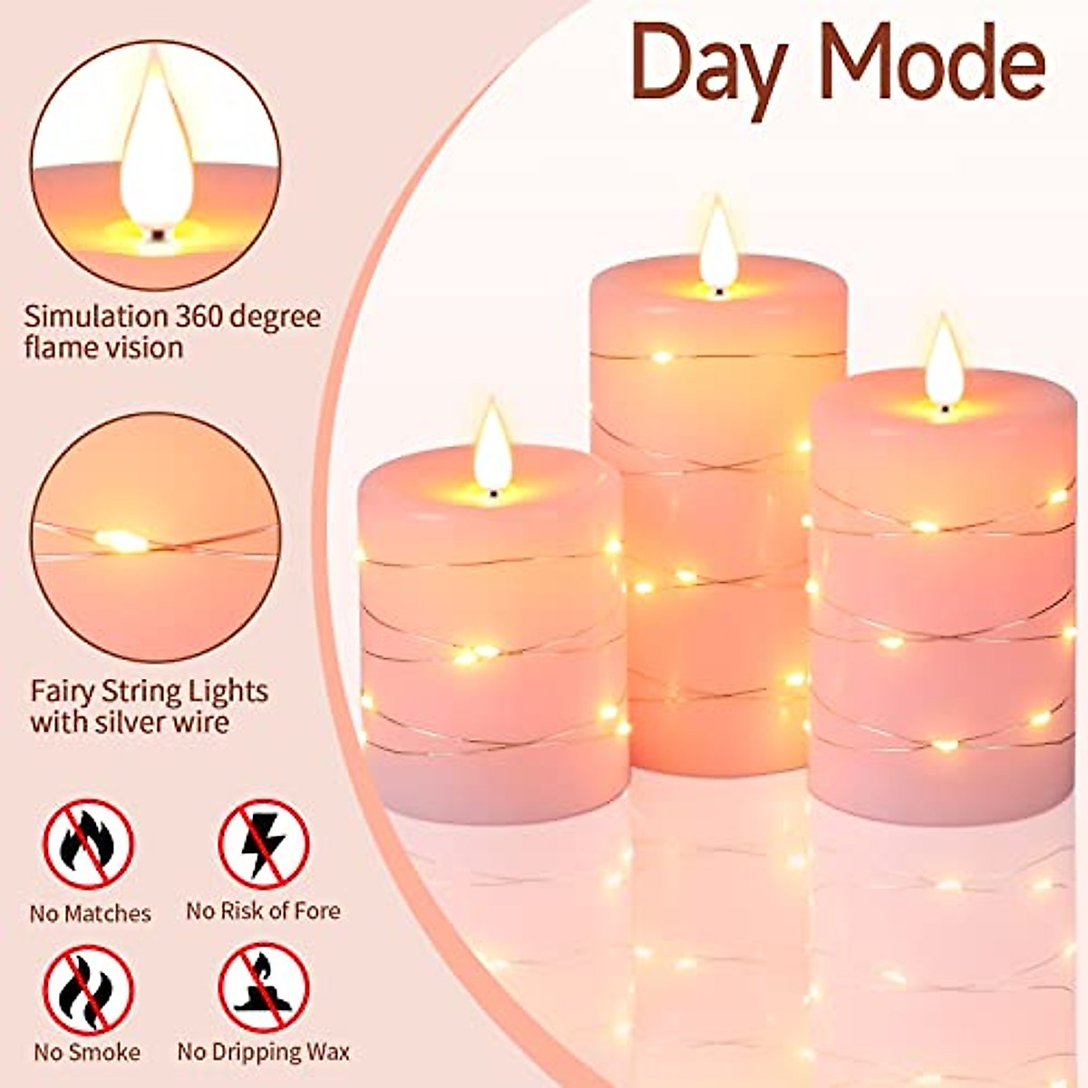 Da by Flameless Candles with String Lights，Battery Operated Candles,LED Flickering Candles with Remote Control and Timer, Real Wax, 3 Pack-Pink