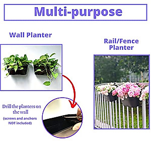 LaLaGreen Outdoor Rail Planter - 6 Pack, 11.2 Inch Black Metal Iron Hanging Flower Pots Deck Railings Fence Buckets Modern Countryside Boho Style Wall Mount Window Box Plant Holder Hooks Porch Decor