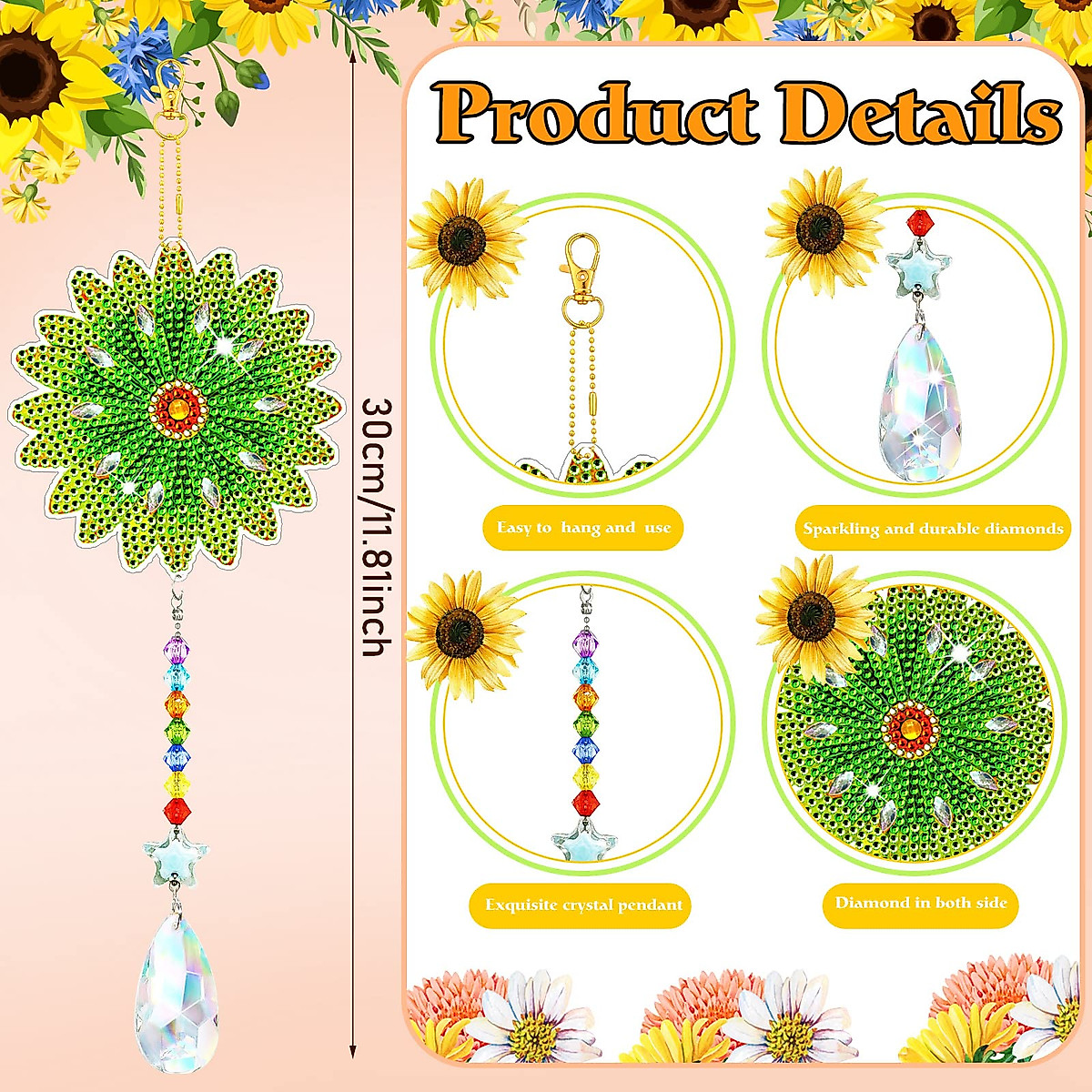 Tradder 6 Pcs Diamond Art Sun Catcher Wind Chime Double Sided Crystal Diamond Art Hanging Ornament African Daisy Sun Catcher Kit for Adults Kids DIY Craft Window Garden Home Decor