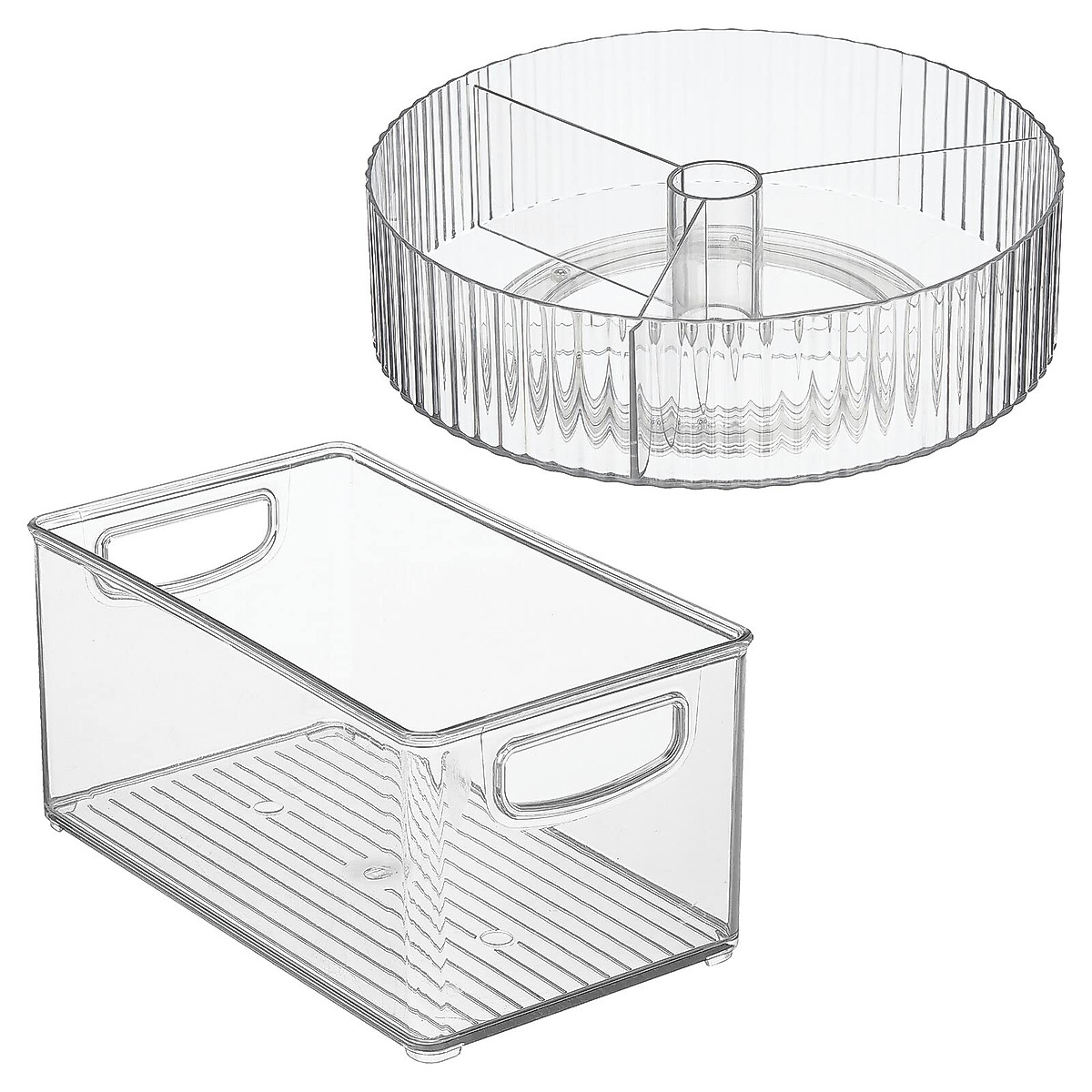 mDesign Plastic Stackable Bin with Handles and 11.5" Round Fluted Lazy Susan Turntable Divided Spinner Combo Set for Organization in Bathroom, Closet, Cabinet, or Vanity Countertop - Set of 2 - Clear