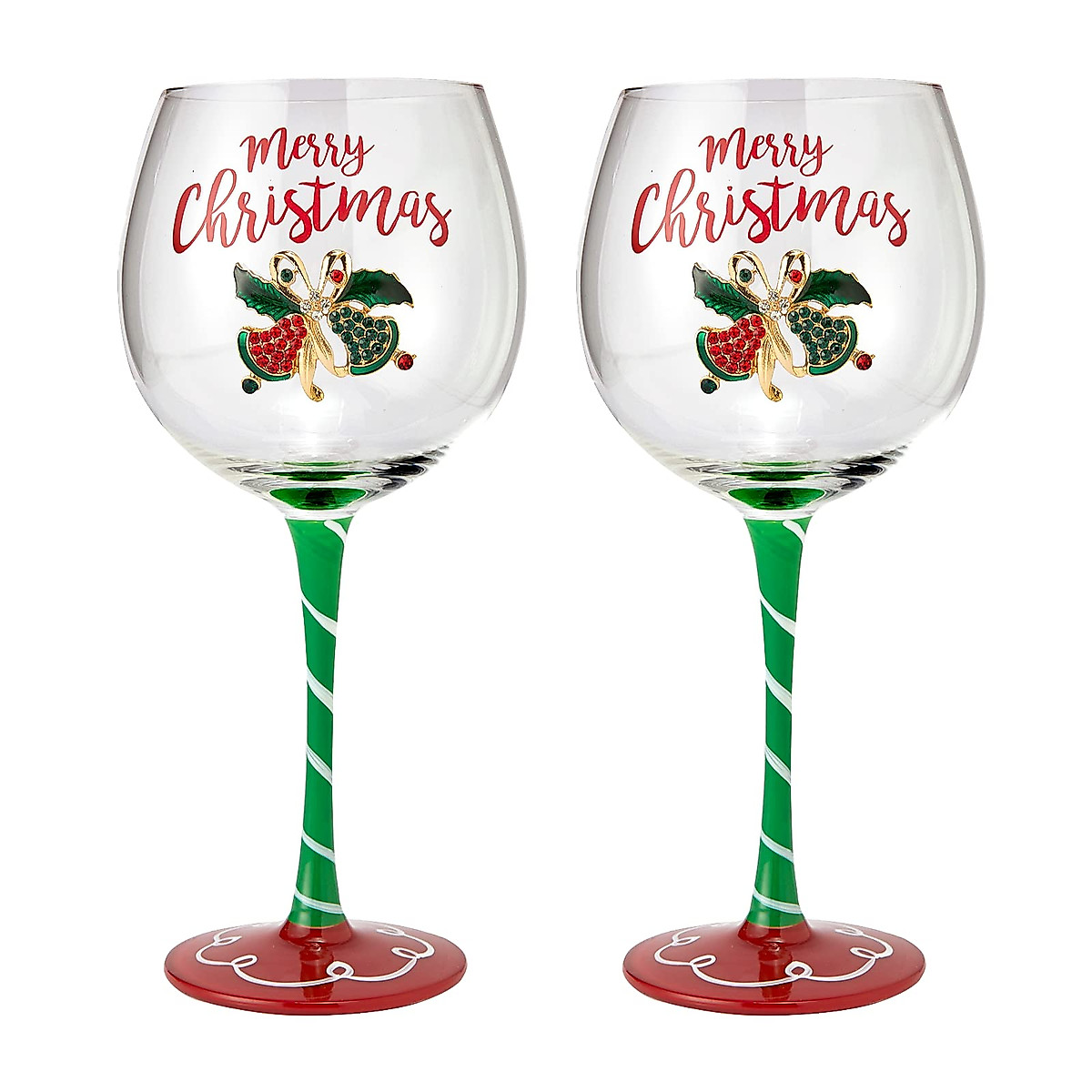 Crystal Christmas Bells Diamond Set of 2 Xmas Wine Wine & Water Glasses - Winterberry Glass Red Ribbon Holly Leaf & Berries Harmony Shining Red Green Yellow Silver, Perfect For Holiday Parties
